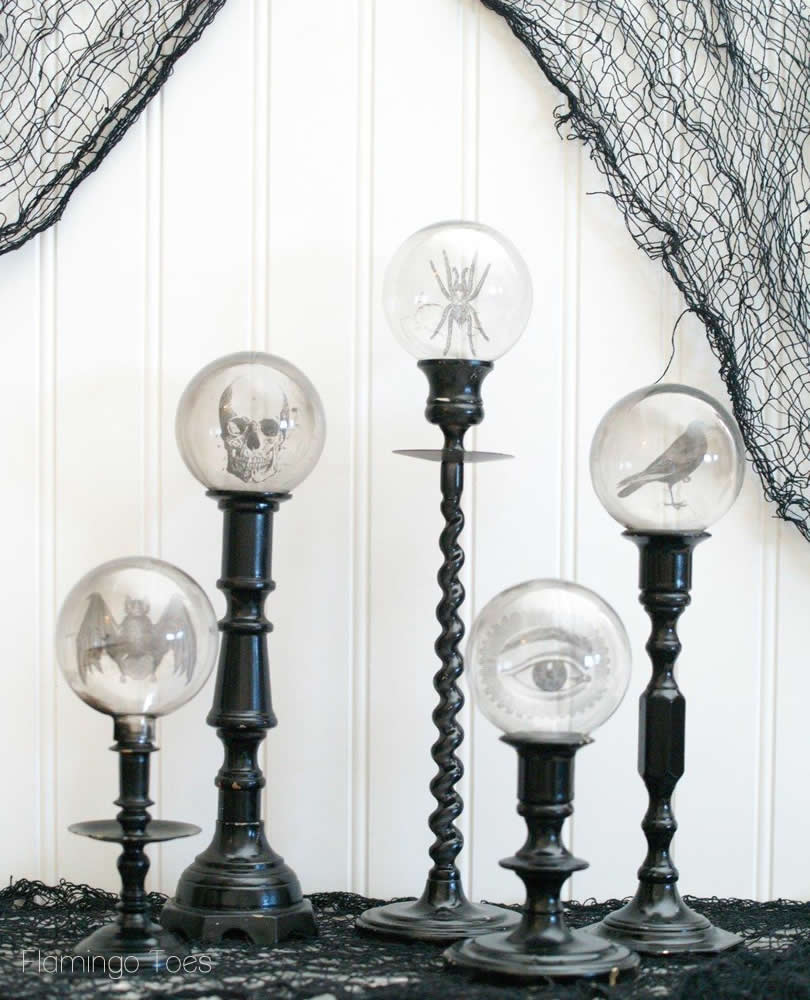 DIY Spooky Crystal Ball Halloween Candlesticks