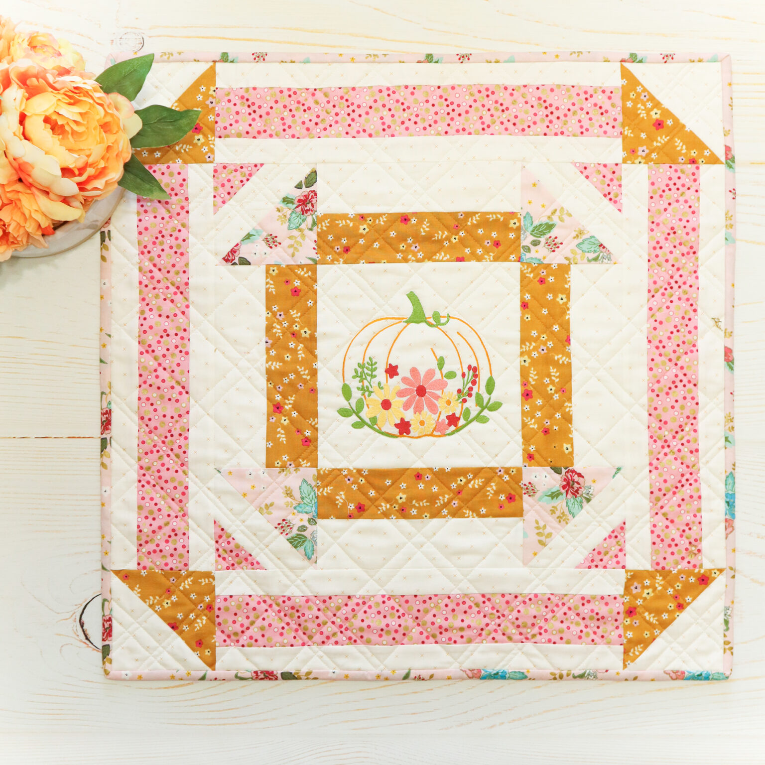 Floral Embroidered Pumpkin Mini Quilt
